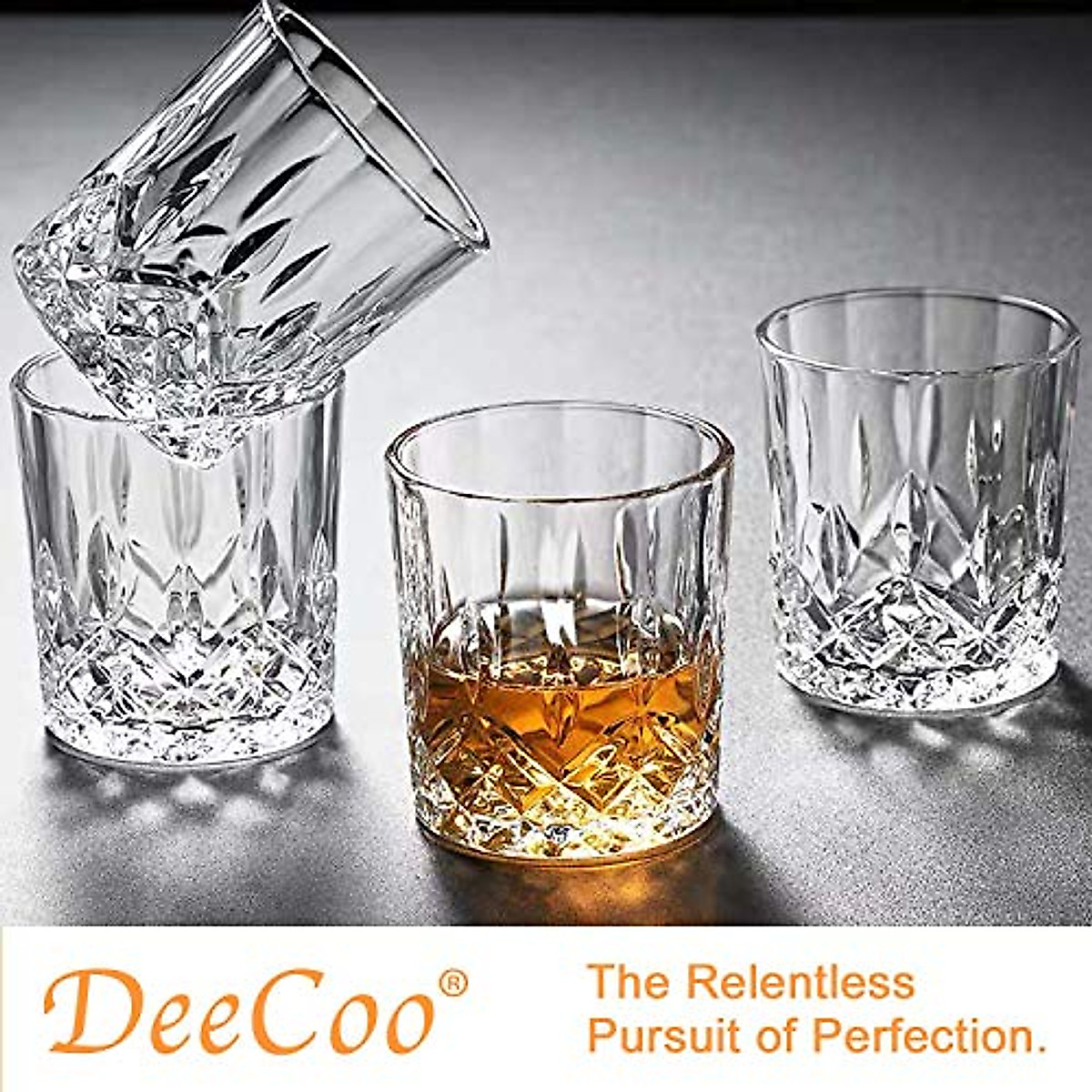 DeeCoo Crystal Old Fashioned Whiskey Glasses (Set of 4), 11 Oz Unique Bourbon Glass, Ultra-Clarity Double Old Fashioned Liquor Vodka Bourbon Cocktail Scotch Tumbler Bar Glasses Set
