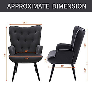 Furniliving Velvet Accent Chair Modern Upholstered Side Armchair with Tapered Legs Tufted Button Wingback Sofa Chairs Tall Back Reading for Living Room Bedroom Waiting Room, Black