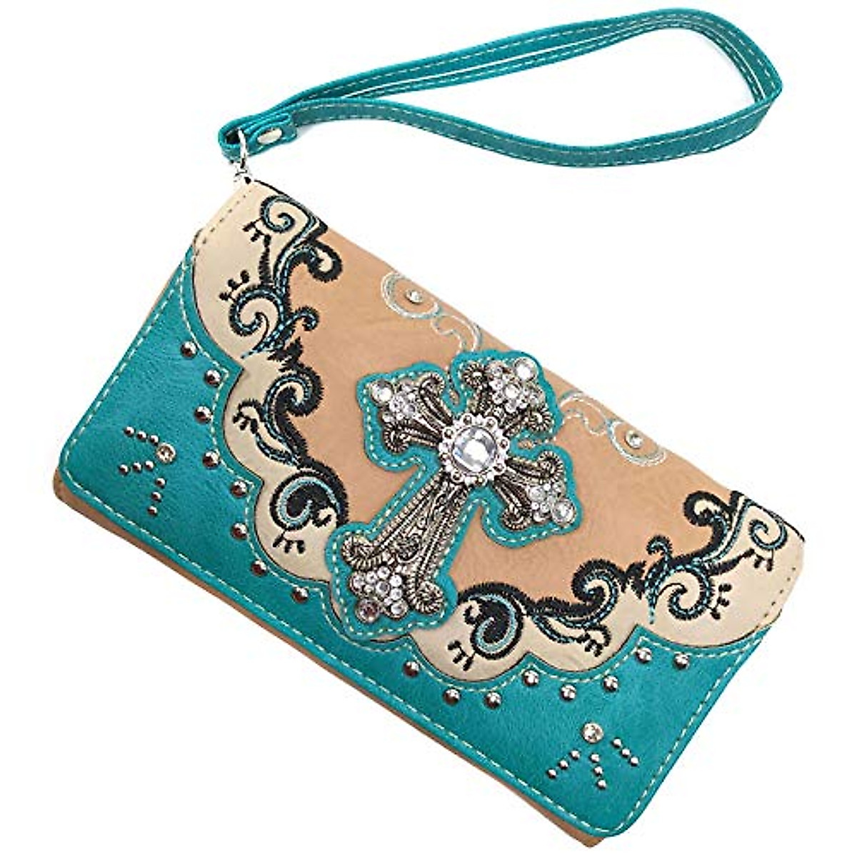 Zelris Western Silver Cross Turquoise Conceal Carry Women Tote Purse Wallet Set (Tan)