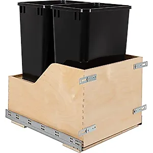 Double 50 Quart Wood Bottom-Mount Soft-Close Trashcan Pullout for Door Mounting, Includes Two Black Cans