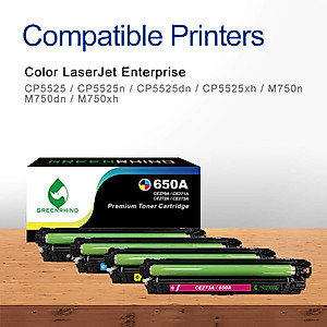 GREENRHINO Remanufactured Toner Cartridge Replacement for HP 650A CE270A CE271A CE272A CE273A CP5525 CP5525dn CP5525n CP5525xh M750dn M750n M750xh (1 Black, 1 Cyan, 1 Magenta, 1 Yellow, 4-Pack)