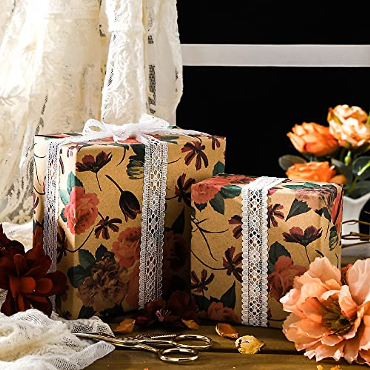 BIOBROWN Red Kraft Wrapping Paper Roll Fushcia Floral Design Perfect for Birthday Wedding Mother's Day Baby Shower Wrap 17 inch X 32.8 feet