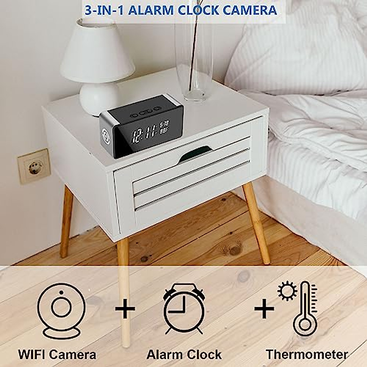 Spy Camera WiFi Hidden Camera Alarm Clock, 4K Wireless Spy Nanny Cam for Home Indoor Security, Remotely Access Camera and Real-time Monitoring with Night Vision & Motion Detection Alert