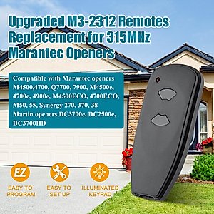 LAWOHO M3-2312 Clone Copy Remote Controls Compatible with Marantec 315MHz Garage Door Openers & Keyless Entry Keypad, for Marantec M4500e, 4700, M55, Martin DC3700e (1 Pcs)