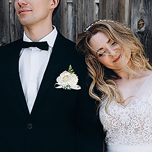 Whaline 4Pcs Wedding White Rose Boutonniere and Wristlet Set Handmade Artificial Rose Wrist Strap Corsage Silk Satin Wristband Groom Bride Boutonniere Pin for Groomsmen Wedding Prom Suit Decorations