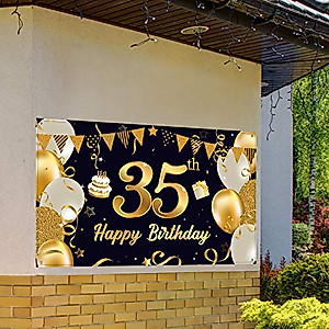 Happy 35th Birthday Party Decorations, Extra Large Black Gold 35th Birthday Party Banner Photo Backdrop Background for Men Women 35th Birthday Anniversary Party Decor Supplies 72.8 x 43.3 Inch