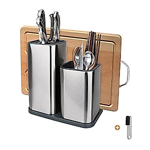Stainless Steel Universal Knife Holder Block, Yimerlen Knife Holder Storage Multi-functional, Kitchen Knife Storage Utensils Organizer for Countertop (with Cleaning Brush)