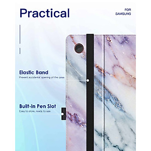 MoKo Case for Samsung Galaxy Tab A8 10.5 Inch 2022 (SM-X200/X205/X207) with Flexible Hand Strap & Pocket, Multi-Angle Viewing Stand Lightweight Protective Cover, Auto Sleep/Wake, Purple Marble