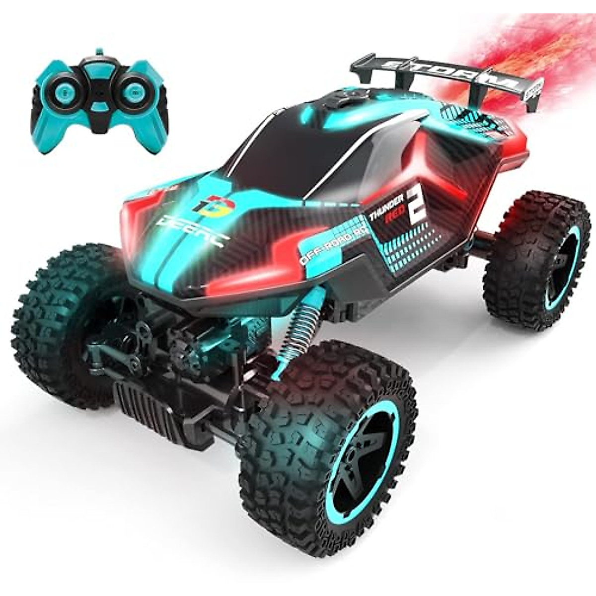 DEERC DE69 Remote Control Truck with Spray and Light, 5 LED Light Modes, Dual Motors Off Road RC Car, 4WD Rock Crawler, Spray Water Mist, 35+ Min Play, Toy Vehicle for Boys Girls and Adults