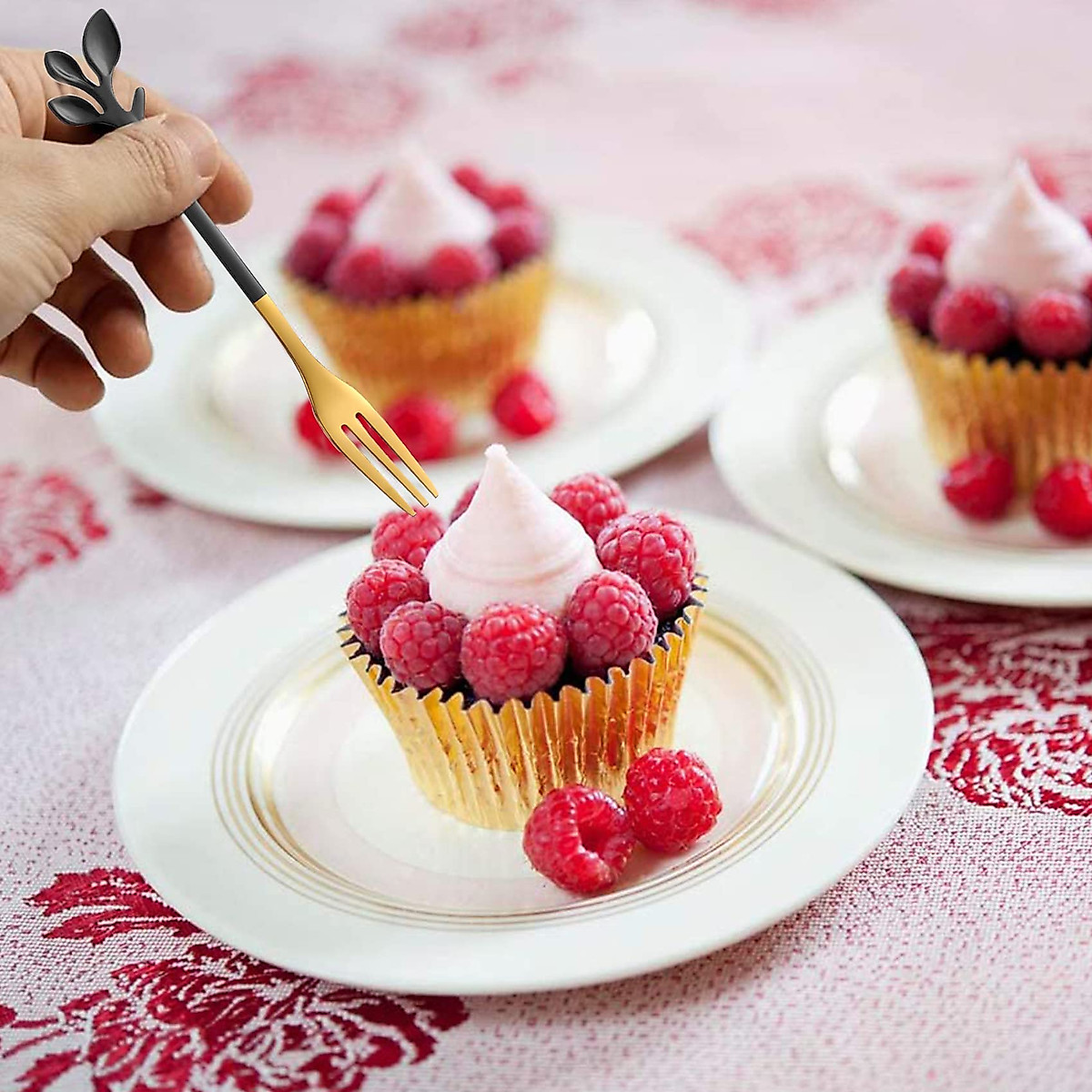 Rovepic 10 Pack Stainless Steel Appetizer Cake Fruit Forks Black Leaf Creative Tasting Dessert Mini Gold 3-Tined Forks Birthday Parties Events Kitchen Accessory Stirring Fork Set 4.8 inch