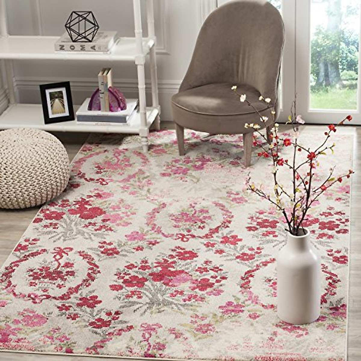 SAFAVIEH Monaco Collection Accent Rug - 2'2" x 4', Ivory & Pink, Floral Design, Non-Shedding & Easy Care, Ideal for High Traffic Areas in Entryway, Living Room, Bedroom (MNC205R)