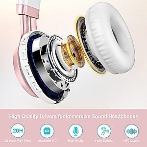 BASEMAN Wireless Over Ear Headphones, Long Battery Life Deep Bass Bluetooth Headphones with Microphone Wireless and Wired Headset for Computer iPhone Teens Girls Women School Travel - White Rose Gold