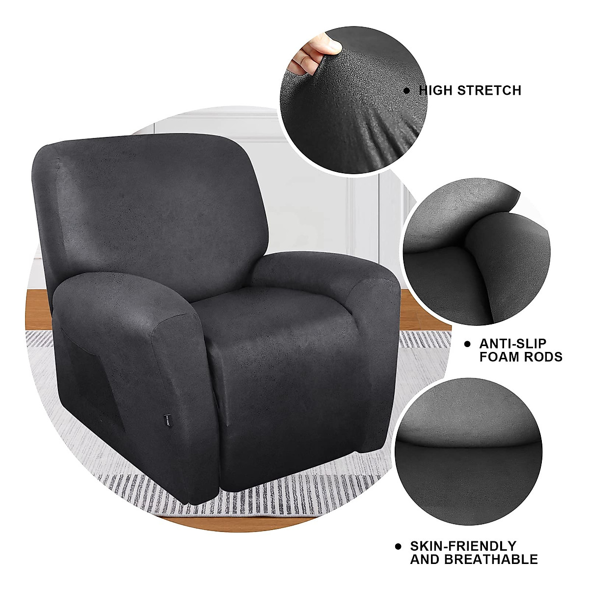 molasofa Recliner Chair Covers - 4 Pieces Leather Like Large Recliner Covers with Pocket Soft Stretch Recliner Slipcover for Lazy Boy Recliner Chair Washable Furniture Protector (Dark Grey)