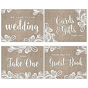Andaz Press Unframed Wedding Party Signs, 8.5x11-inch, Burlap Lace, Welcome to Our Wedding, Cards and Gifts, Please Take One Favors, Please Sign Guestbook, 4-Pack, Frames Sold Separately