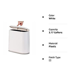 Cq acrylic 12 Liter Rectangular Plastic Trash Can Wastebasket with Press Type Lid,3.17 Gallon Dog Proof Garbage Container Bin for Bathroom,Powder Room,Bedroom,Kitchen,Craft Room,Office White
