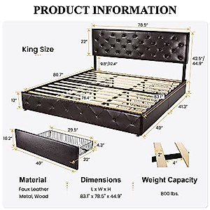 SHA CERLIN Upholstered King Platform Storage Bed Frame with 4 Drawers, Adjustable Headboard with Faux Leather Diamond Button Tufted Design, Wooden Slat Support, No Box Spring Needed, Black Brown
