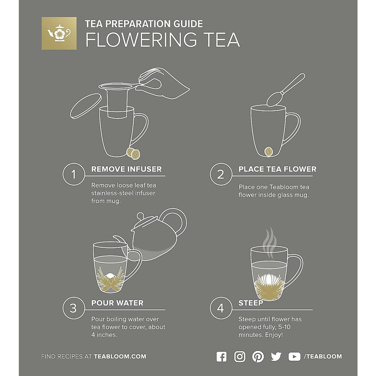 Teabloom Double-Wall Borosilicate Glass Mug with Stainless Steel Infuser and Lid – 15 OZ / 430 ML – 2 Gourmet Tea Flowers Included