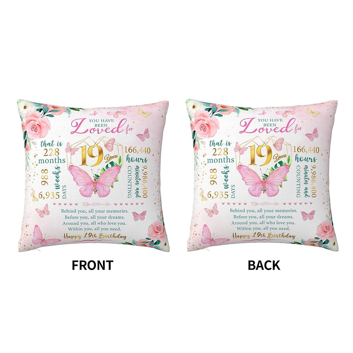 Birthday Gifts for 19 Year Old Female Pillowcase 18" x 18", Best 19th Birthday Gifts for Girls, Gifts Ideas for 19 Year Old Girls, Happy 19th Birthday Gifts for Her, 19th Birthday Decorations for Girl
