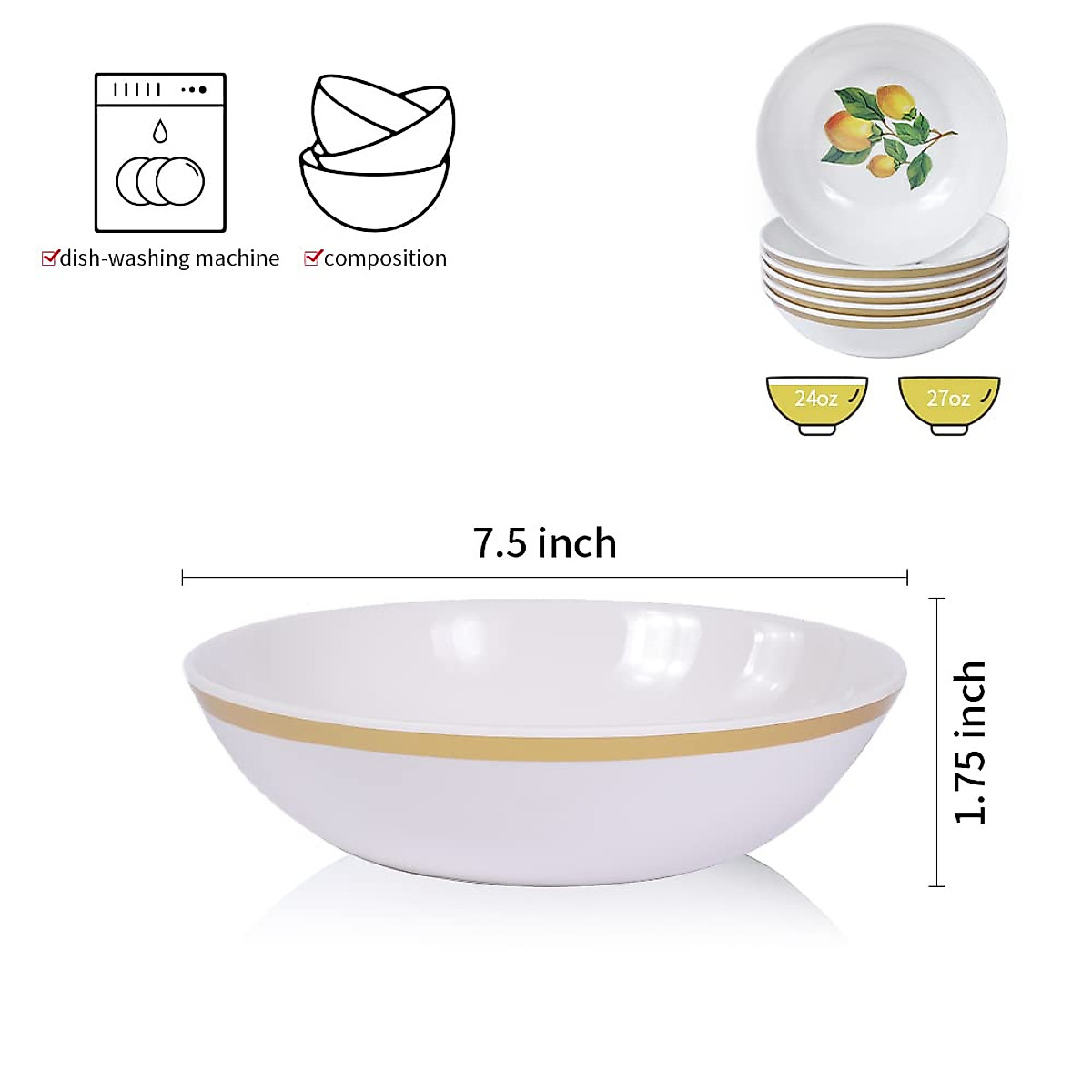 Salad Bowl - 6pcs Melamine Cereal Bowls for Daily Use,Soup Bowls,Durable and BPA Free, Dishwasher Safe, Lemon