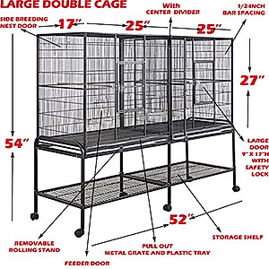 Large Double Birdhouse Breeder Bird Flight Cage with Center Divider Side Breeding Nest Doors Removable Rolling Stand (51" Length x 17" Depth x 54" Height, Black Vein)