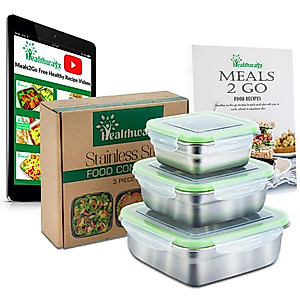 Healthwayz Stainless Steel Food Containers Set of 3 Stackable Lunch Boxes Sandwich Salad Containers for Kids Adults Kitchen Storage Leak Proof BPA-Free Eco Friendly Bonus Recipe eBook & Videos