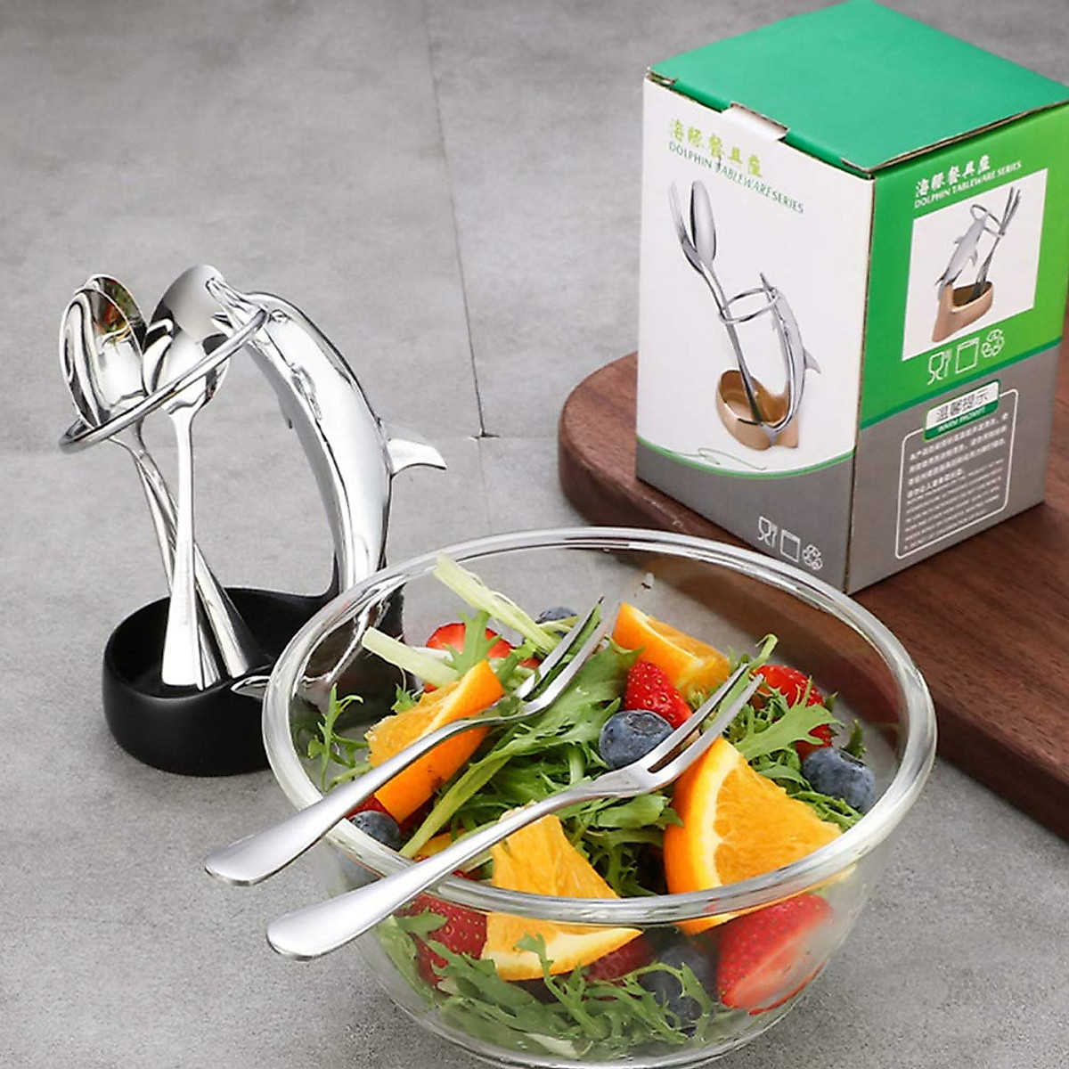 DOITOOL 3PCS Forks and Spoons Silverware Set with Organizer, Stainless Steel Silverware Set Tableware Dinnerware with Creative Dolphin Base Holder