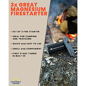 The Friendly Swede Magnesium Fire Starter Kit - Firestarter, Flint and Steel Fire Starter Kit, Flint Fire Starter Survival Tool, Camping Fire Starter, Fire Steel, Flint Striker, Fire Striker (3 Pack)
