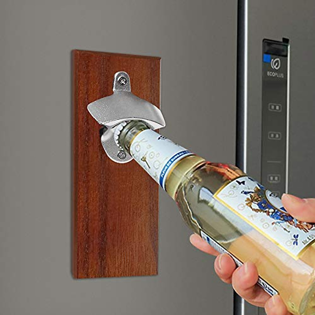 Beer Bottle Opener With Strong Magnet, Used on Refrigerator or Metal Surface, Convenient for One-handed Operation, Open Bottles, Collect Bottle Caps, Brown, 7.87*3.14*0.15