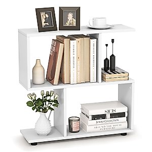 Tangkula 2 Tier Geometric Bookshelf, Freestanding Wood Display Shelf, Home Office Decor Room Divider S Shaped Open Bookcase, Small Bookshelf for Small Spaces, Living Room, Study (White, 1)