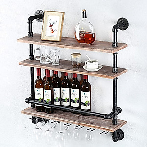 Industrial Hanging Wine Glass Rack Wall Mounted,30in Pipe Shelf Wine Rack with 7 Glass Holder,Rustic Wine Glass Holder Stemware Racks,Pipe Shelving Wood Shelves Floating Wine Glass Shelf