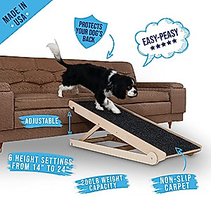 Pawnotch USA Made Adjustable Dog Ramp for All Dogs and Cats - Dog ramp for Couch or Bed with Paw Traction Mat - 40" Long and Adjustable from 14” to 24” - Rated for 200LBS - Dog Ramp for Small Dogs