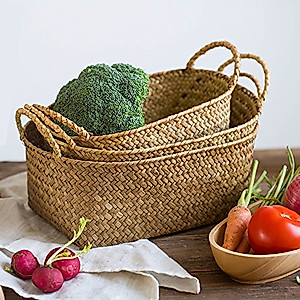 Seagrass Woven Baskets for Storage Natural Shelf Basket with Handle for Organizer Stackable Oval Set of 3 (Large+Medium+Small)
