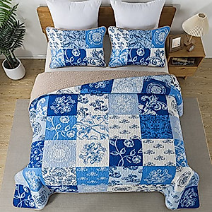 PSL Home- Quilts Queen Size, 100% Cotton Bedspreads Queen Sized, Quilt Sets Coverlet for The Bed, Quilt Bedding Set, Quilted Comforter Bed Spread Prime, Plaid Floral Pattern 3 Pieces (Blue White)