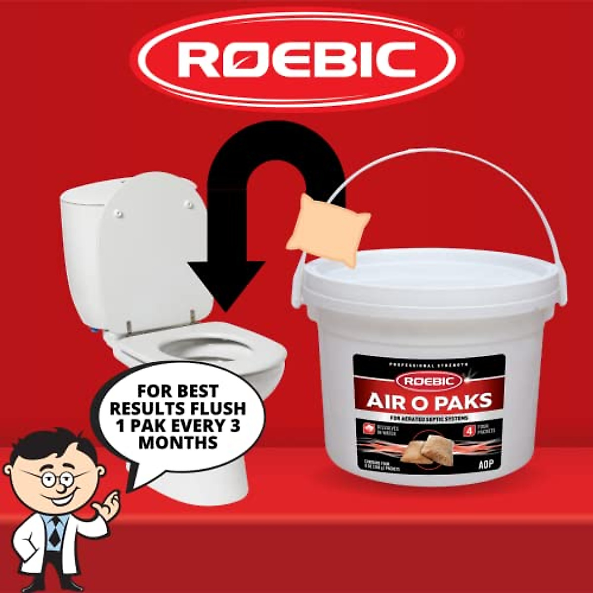 Roebic AOP Air-O-Paks for Aerated Septic Systems, Dissolves in Water to Degrade Grease, Proteins, Soaps and Chemicals, Contains Four 8-Ounce Packets, 8 Ounce