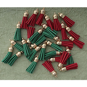 Ruwado 30 Pcs Keychain Leather Tassels with Gold Caps Hole Mini Faux Tassels for DIY Jewelry Making Keychain Earrings Craft Project Supplies Necklace Bracelet (Red and Green)