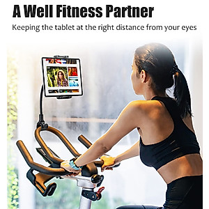 Charchendo Tablet Holder for Spin Bike, Universal Handlebar Phone Mount with Gooseneck for Stationary Exercise Bike, Elliptical, Compatible with iPad Pro/Air/Mini, Smartphones More Devices 4-13''