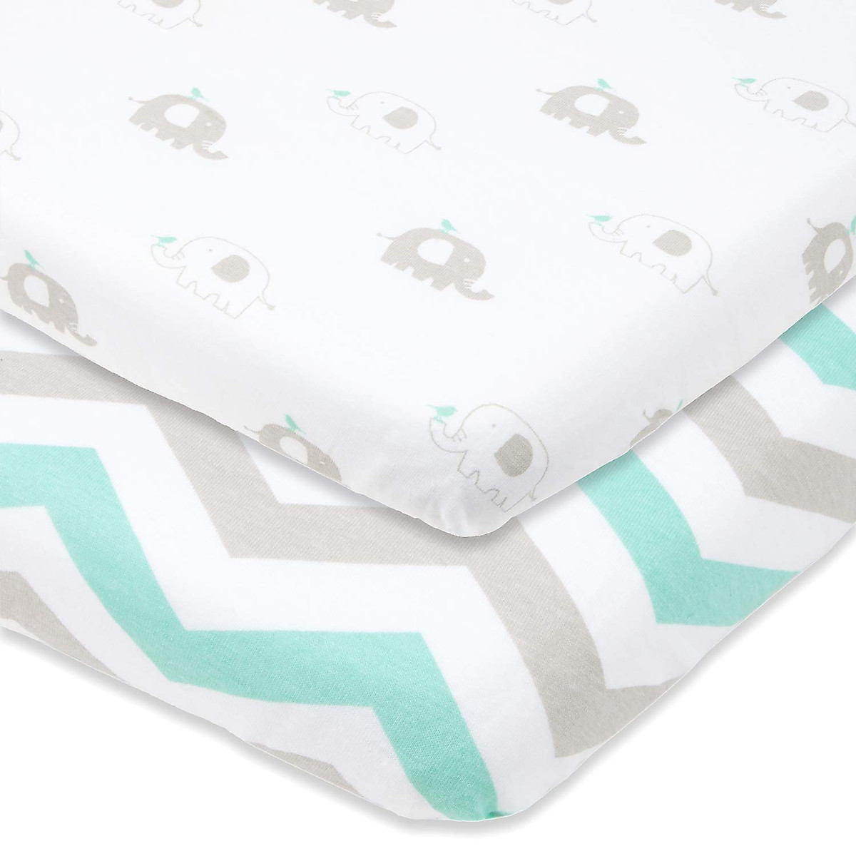 Cradle Sheets Fitted 18 x 36 – Fits Most Bedside Sleeper Bassinets Without Bunching Mattress Pad – Snuggly Soft Jersey Cotton – Grey, Mint, Chevron, Elephants – 2 Pack
