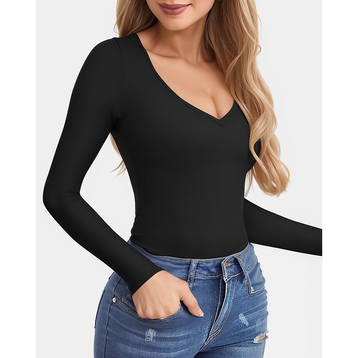 CLOZOZ Long Sleeve Shirts for Women Sexy V Neck Tops Fitted Tight T Shirts Basic Tee Black