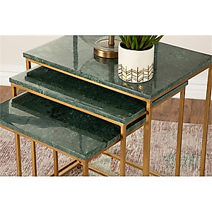 MAKLAINE 3-Piece Marble Top Nesting Table in Green/Antique Gold