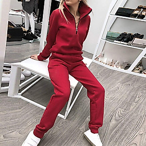 Womens Sweatshirt Sets Ladies Long Sleeve Solid Tracksuit Suit Sport Zipper Pullover Sweatshirt Pants 2Pcs Casual Clothes (Red, S)