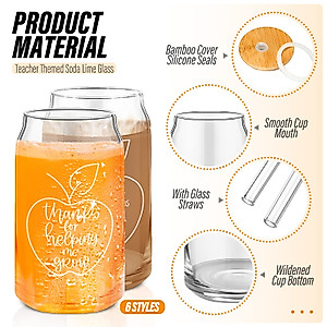 Inbagi 6 Pcs Teacher Glass Cups Thank You Teacher Appreciation Gifts for Women Men Clear Glass Coffee Cups with Lids Straw 2024 Graduation Glass Tumblers Drinking Glasses Bulk Juice Cups, 16 oz