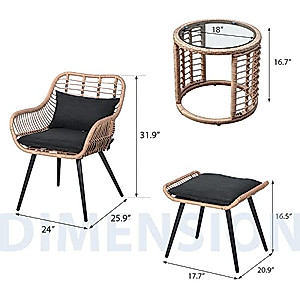 JOIVI 5 Piece Outdoor Wicker Furniture Set, Rattan Bistro All Weather Conversation Set with Ottoman and Coffee Side Table