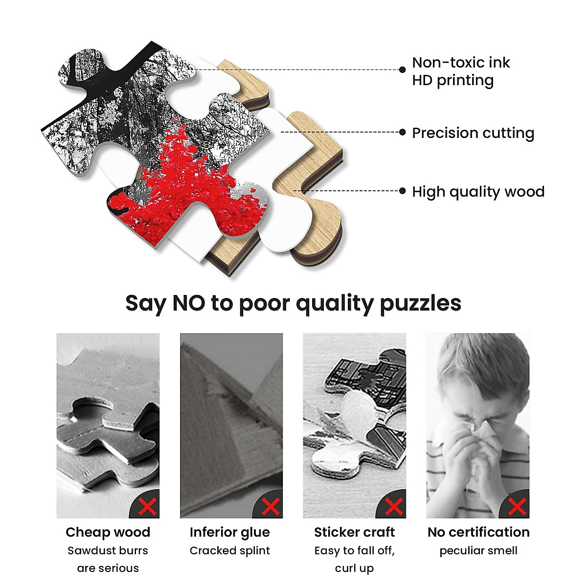 najiaxiaowu Adult Puzzle Classic Jigsaw Puzzle 1000 Pieces Wooden Puzzle DIY Black and White Bridge and Red Tree Modern Home Decor Intellectual Game Wall Art Unique Gift 75x50cm