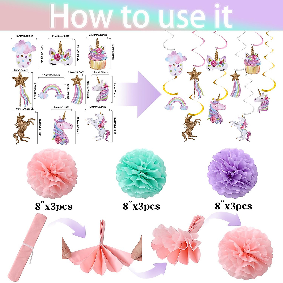 Unicorn Birthday Decorations, Happy Birthday Banner,9pcs Tissue Paper Pom Poms,10pcs Hanging Swirls,Macaron Circle Dots Garland for Unicorn Party Decorations, Girls Birthday Party Decorations