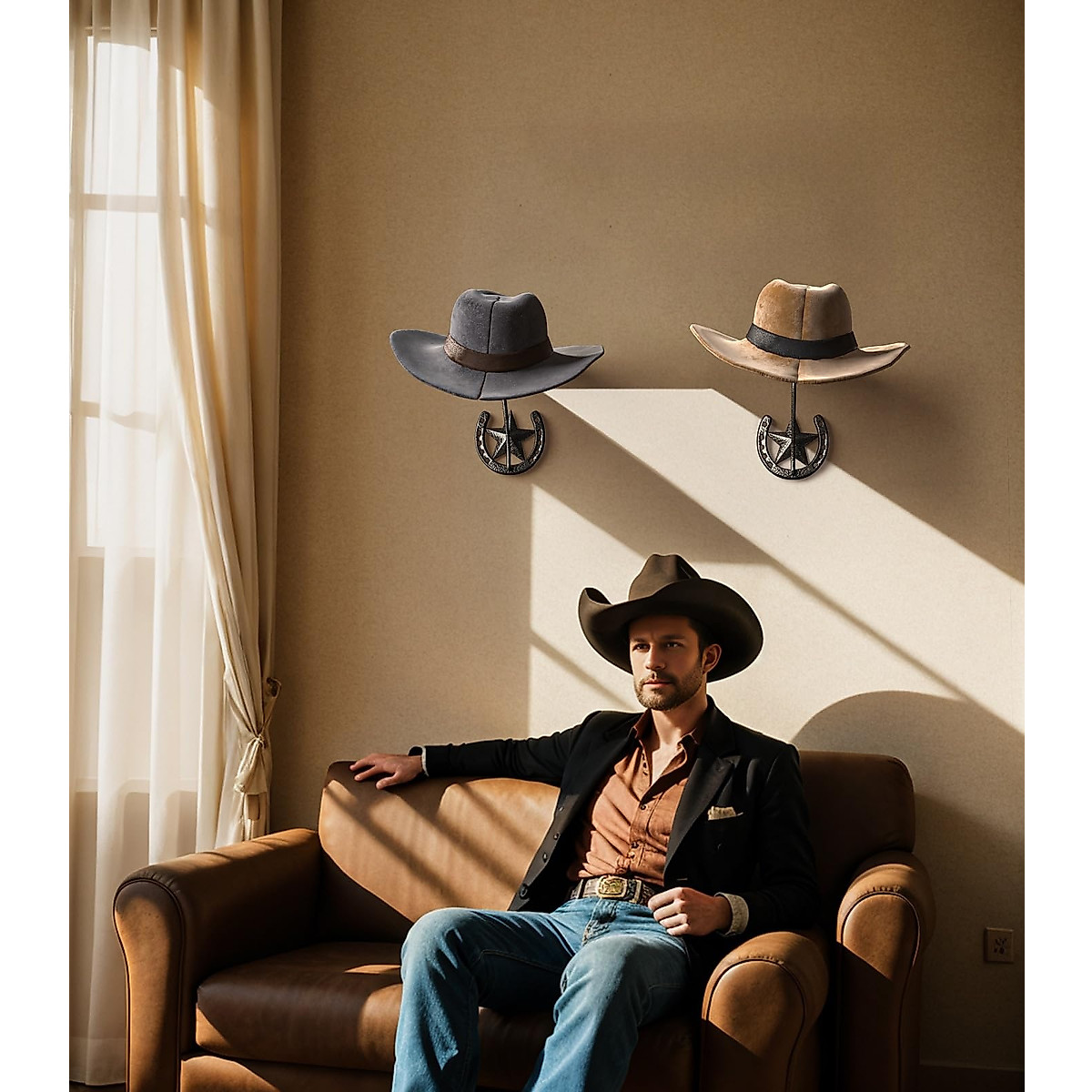 Cowboy Hat Holder 2 Pack Cast Iron Cowboy Hat Rack for Wall Horseshoe Cowboy Hat Hook Rustic Metal Western Decor for Home Bedroom Living Room Entryway Cowboy Hat Storage Men's