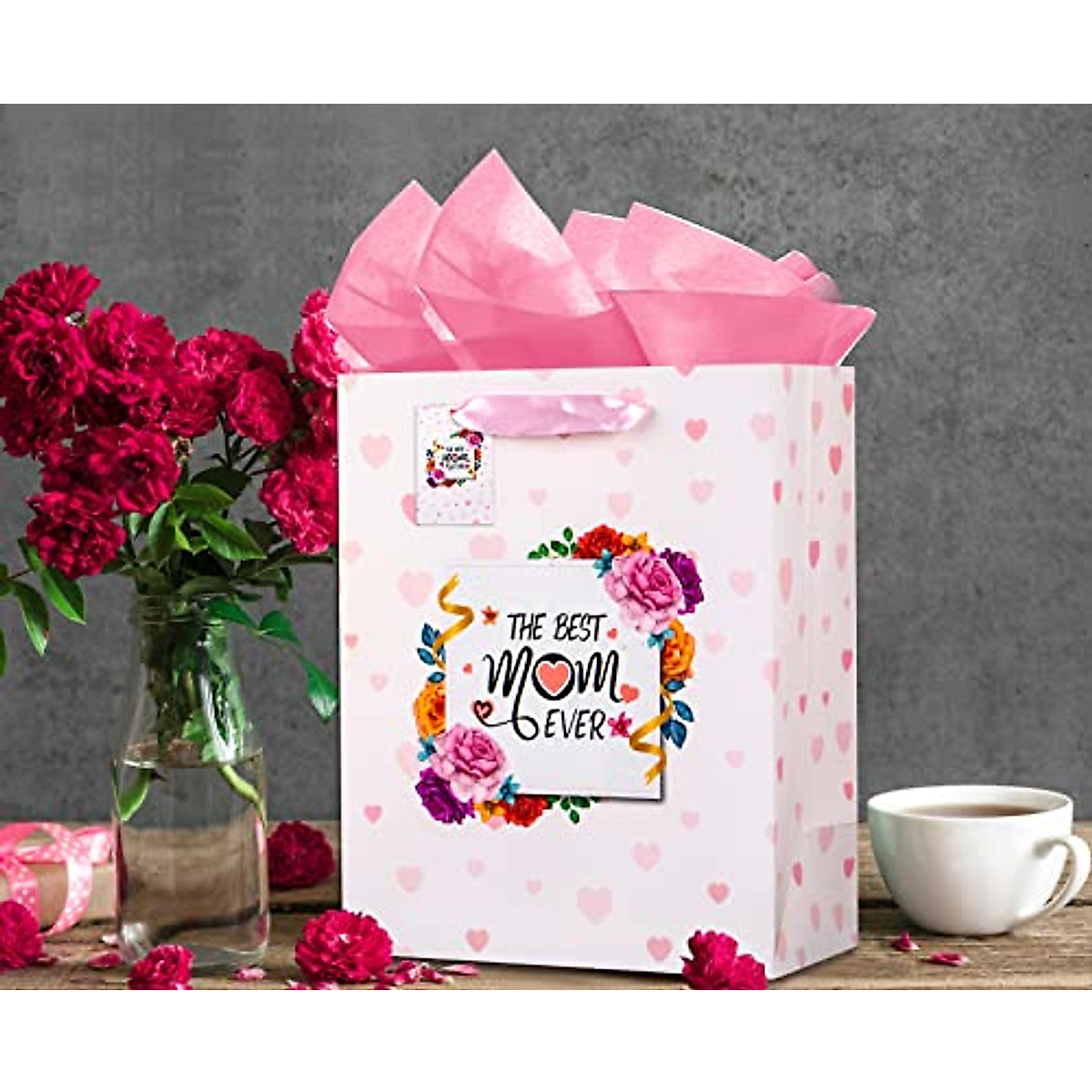 WhatSign Mothers Day Gift Bags with Handle 11.5" Medium Mother's Day Best Mom Ever Gifts Bags with Tissue Paper Happy Mother's Day Flowers Paper Gift Bags for Mom Grandmother Aunt Wife Birthday Bags