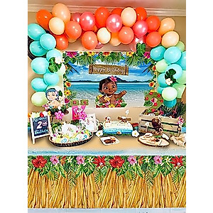 Summer Beach Baby Moana Backdrop and Tablecloth 86x52 inch Maui Palm Leaves Flowers Cake Table Decoration Girls Princess Moana Birthday Photo Background Baby Shower Party Supplies (7x5ft)