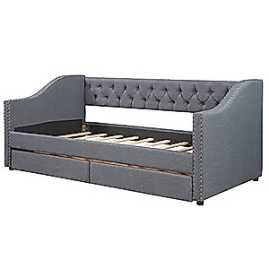HSBD Twin Daybed, Upholstered Daybed with Two Storage Drawers, Twin Size Sofa Bed with Backrest and Wood Slat Support