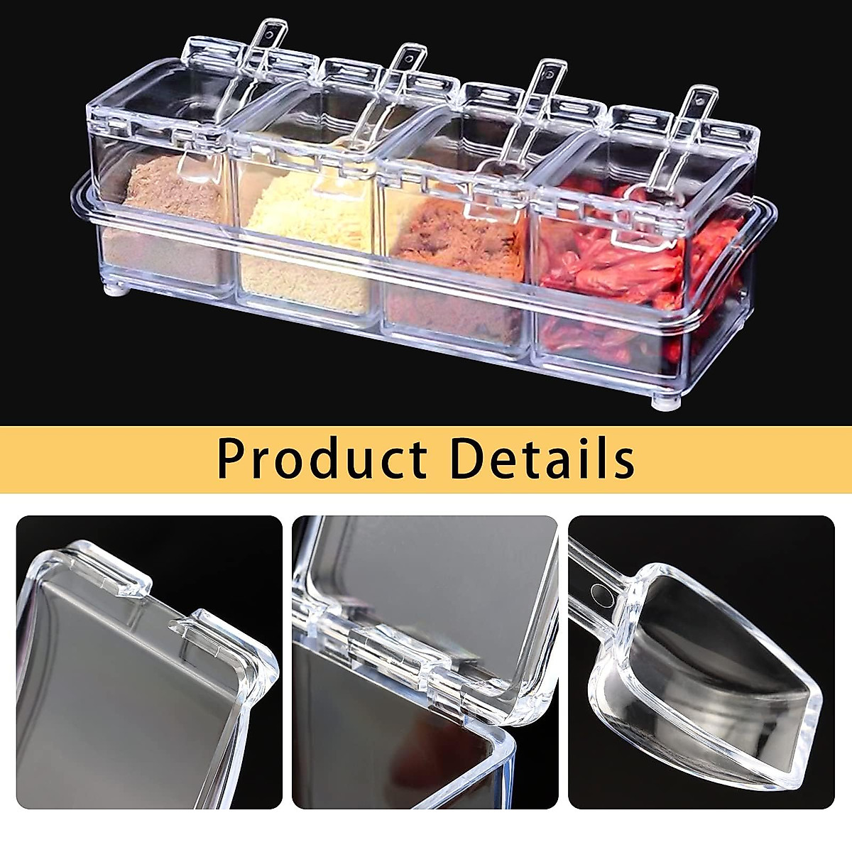 Faxco 4-Cell Clear Seasoning Rack Spice Box, Storage Container Condiment Jars Acrylic Seasoning Box with Cover and Spoon