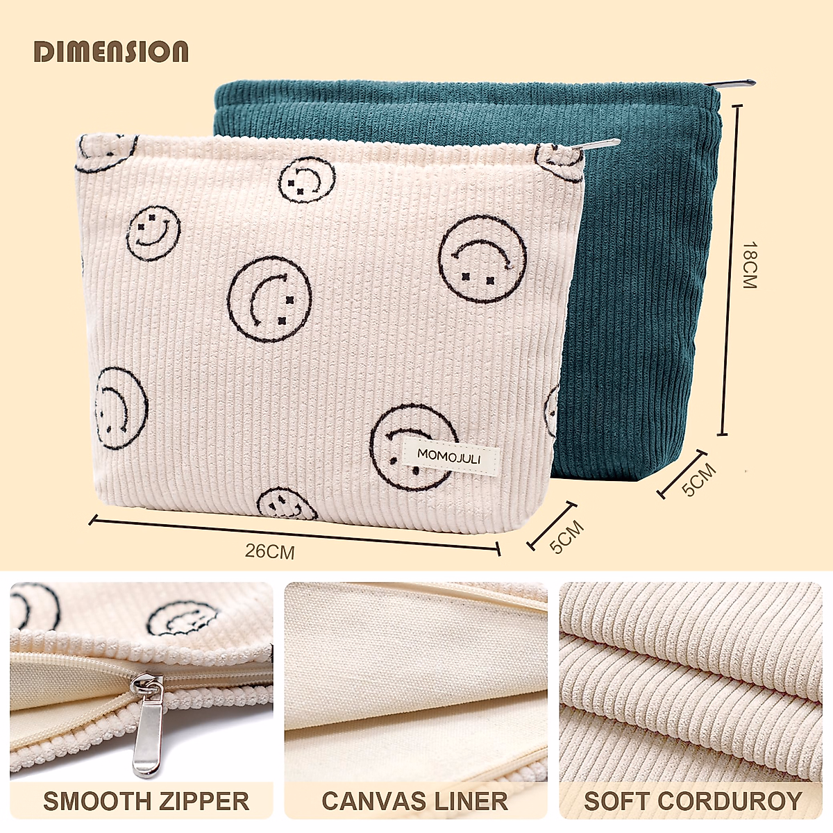 MOMOJULI Corduroy Makeup Bag Cosmestic Bag 2pcs Large Capacity Ladies Women Aesthetic Make Up Organizer Accessories Zipper Pouch Purse （Beige+Green）